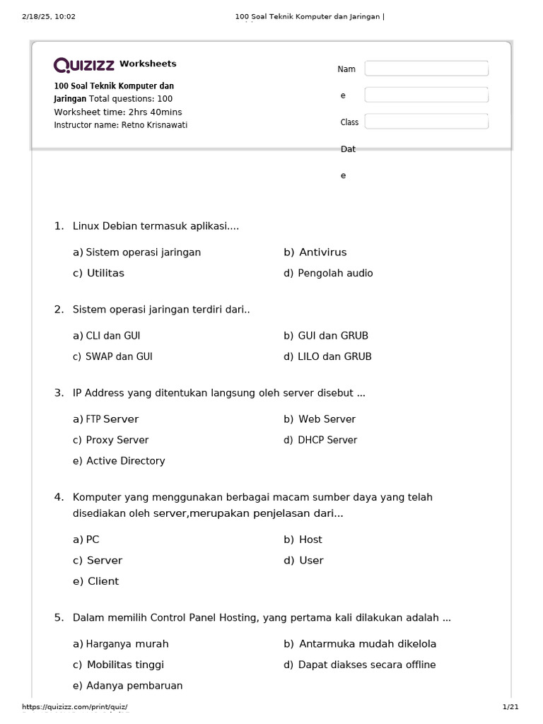 100 Soal Teknik Komputer Dan Jaringan - Quizizz | PDF
