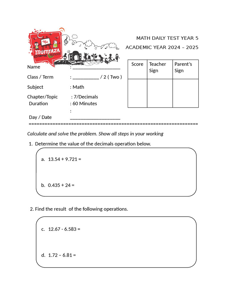 MATH DAILY TEST Decimals | PDF