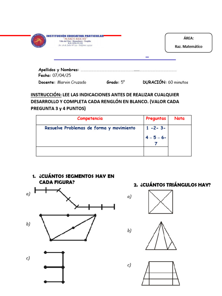 5to Grado Examen Raz - Mate Unidad-1 | PDF