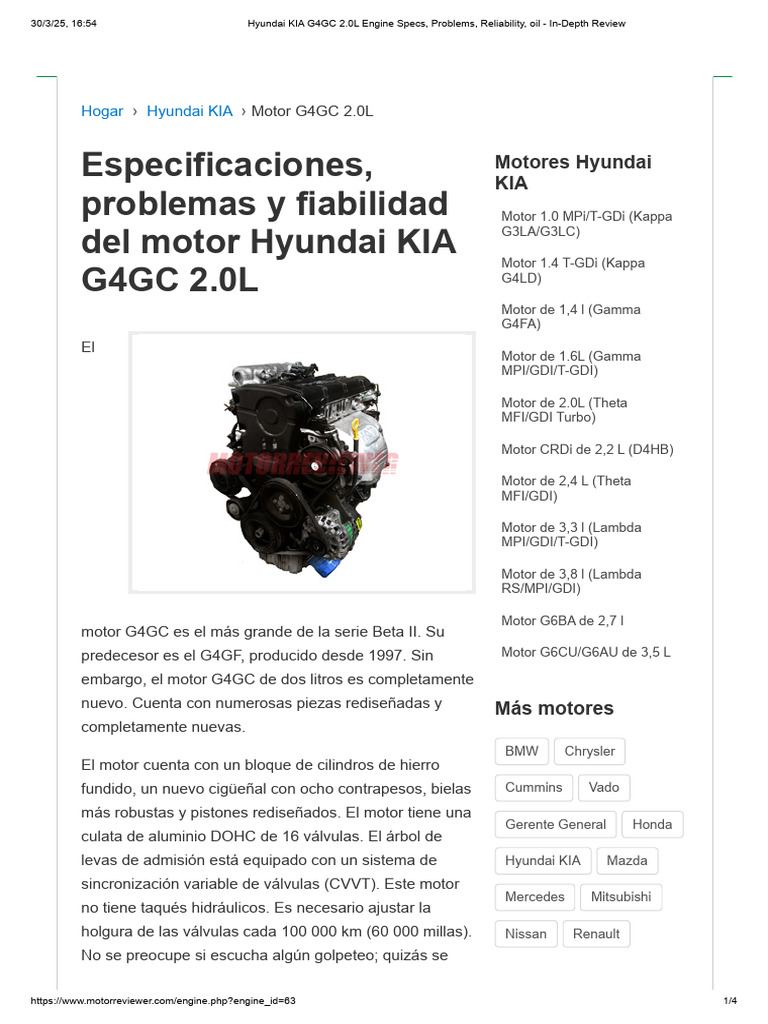 Hyundai KIA G4GC 2.0L Engine Specs, Problems, Reliability, Oil - Ventas - +54912360276 | PDF ...