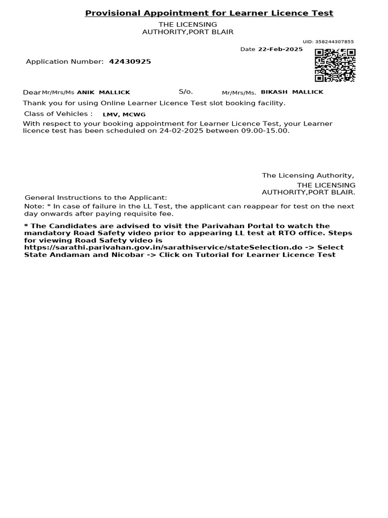 Learner Licence Test Appointment Notice | PDF