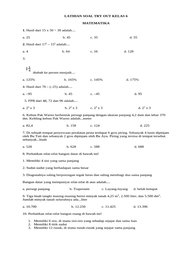 LATIHAN SOAL TRY OUT KELAS 6 MTK | PDF