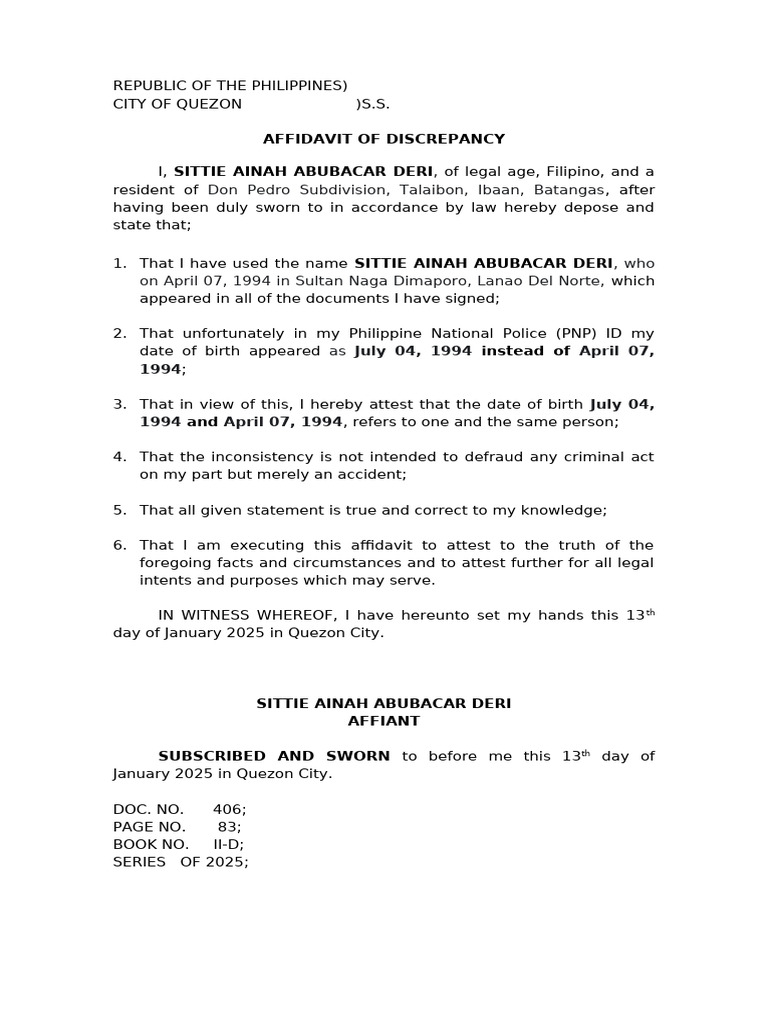 Affidavit of Discrepancy 1-13 00000 | PDF