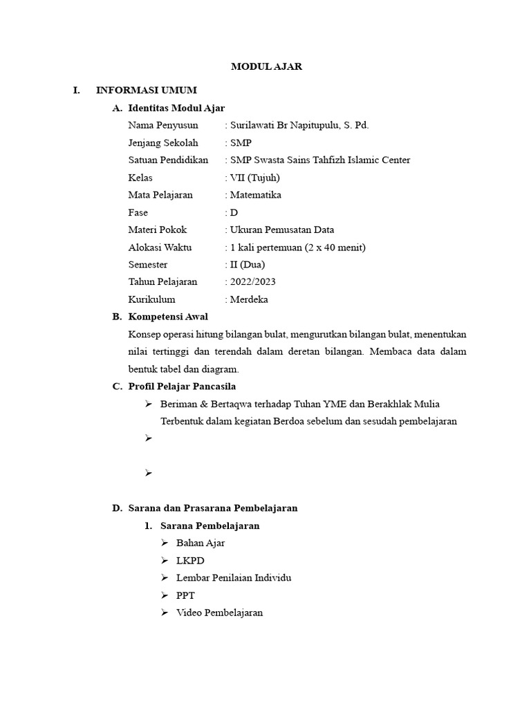 Modul Ajar - Ukuran Pemusatan Data | PDF
