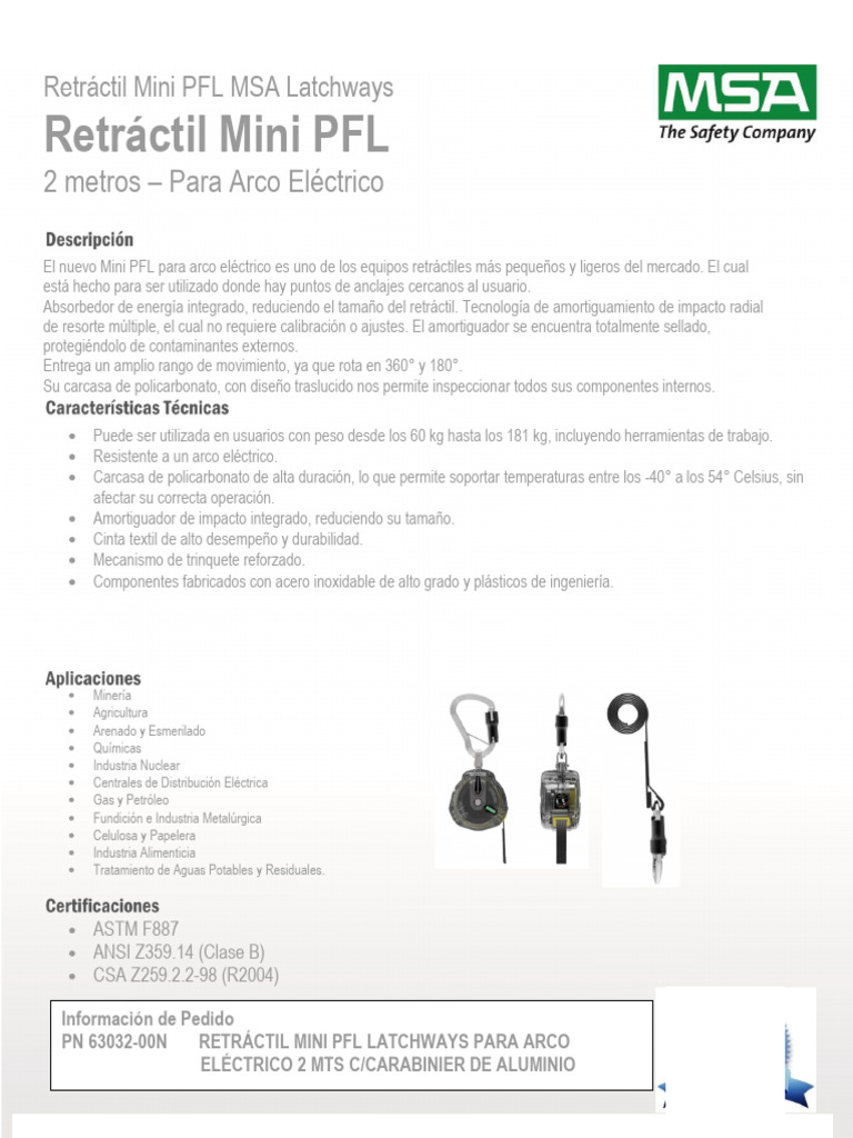 Ficha Proveedor Retractil Mini PFL Msa 2 Metros para Arco Electrico 120768 | PDF