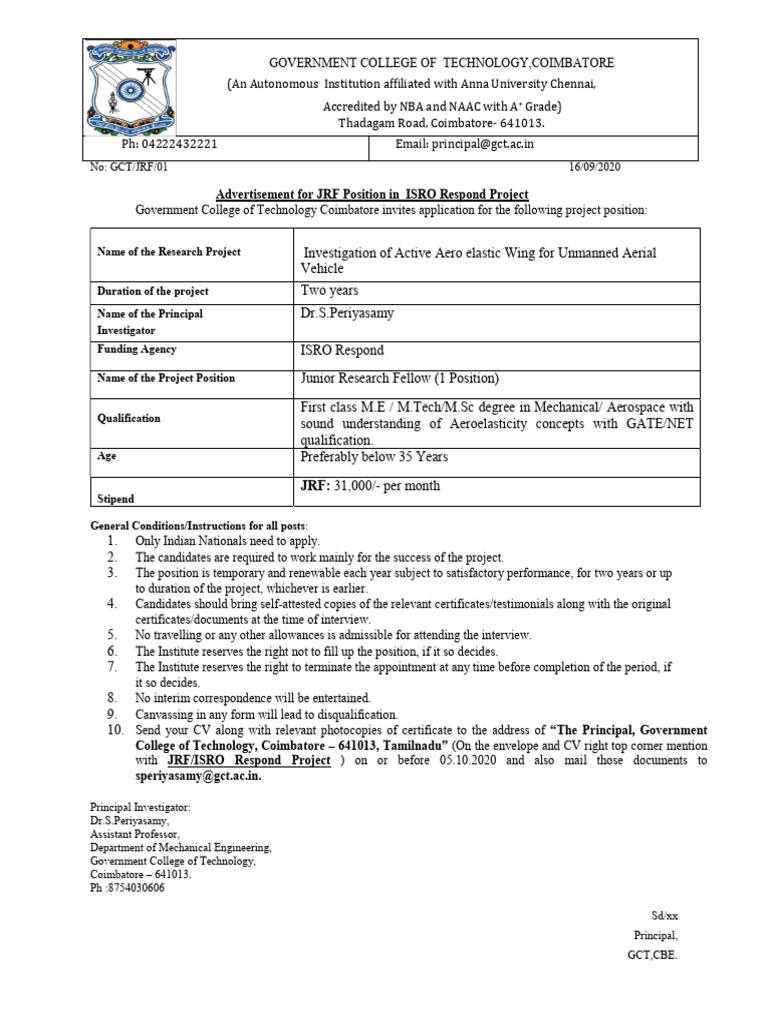 JRF Notification - ISRO GCT CBE - 0 | PDF | Engineering | Higher Education