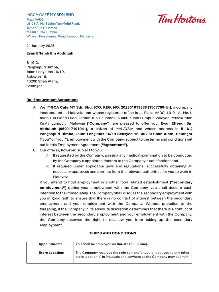 Offer Letter - Full Time Barista - Eyan Effendi | PDF | Salary | Sick Leave