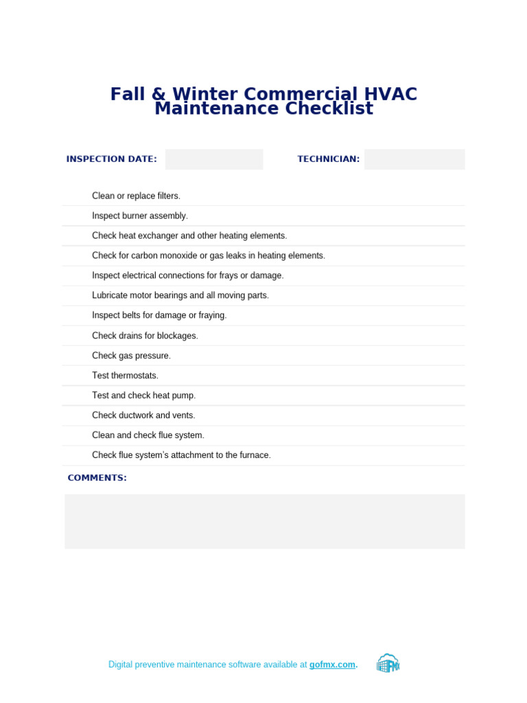 Fall - Winter Commercial HVAC Maintenance Checklist | PDF