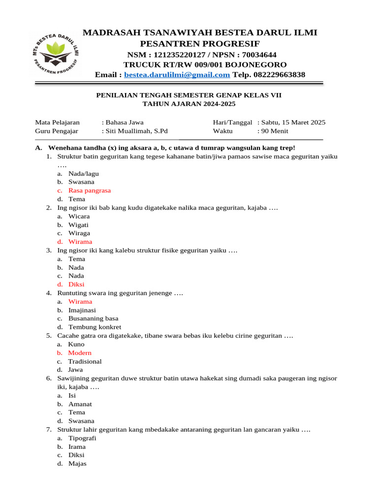 Soal PTS Genap B. Jawa Kelas 7 | PDF