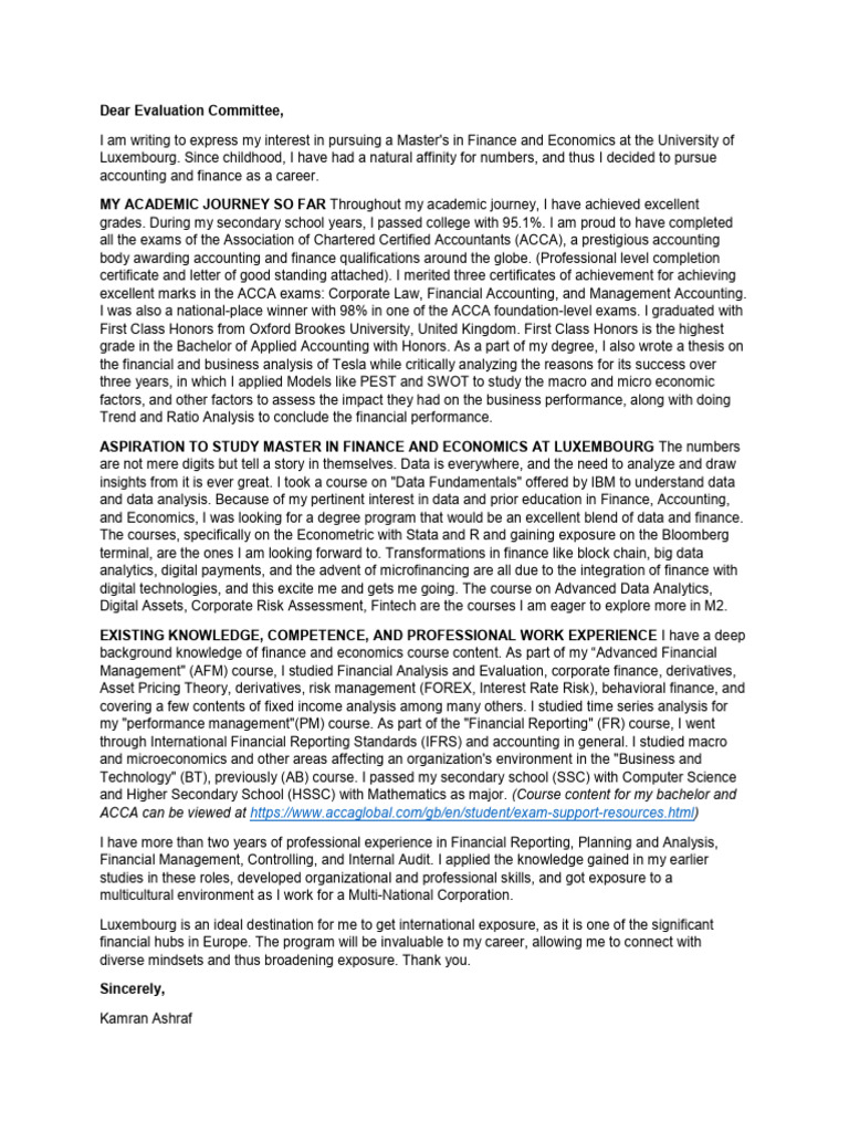 Letter of Motivation - Kamran Ashraf | PDF | Accounting | Economies