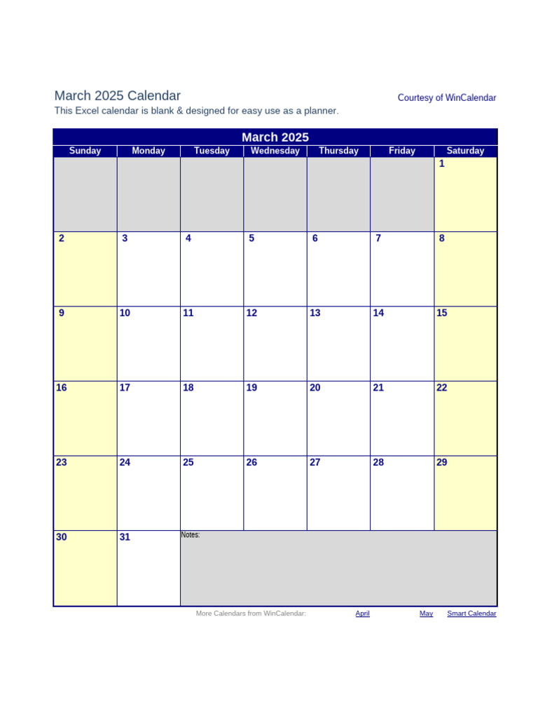March 2025 Blank Excel Calendar | PDF