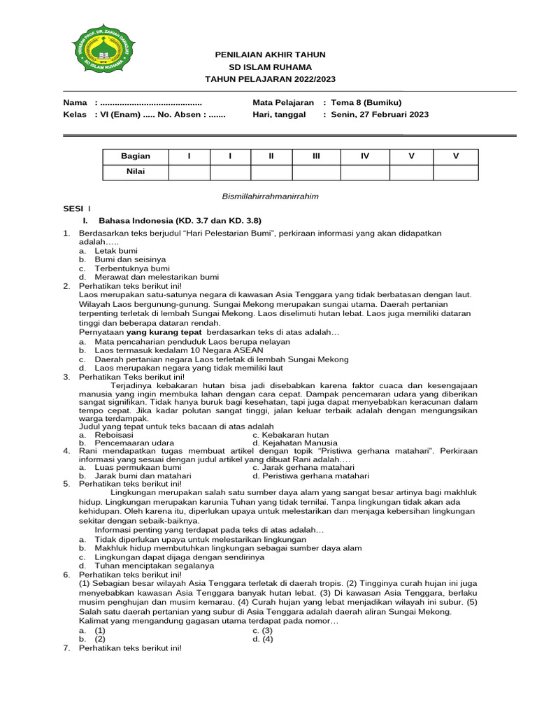 SOAL PAT TEMA 8, FEBRUARI 2022 | PDF