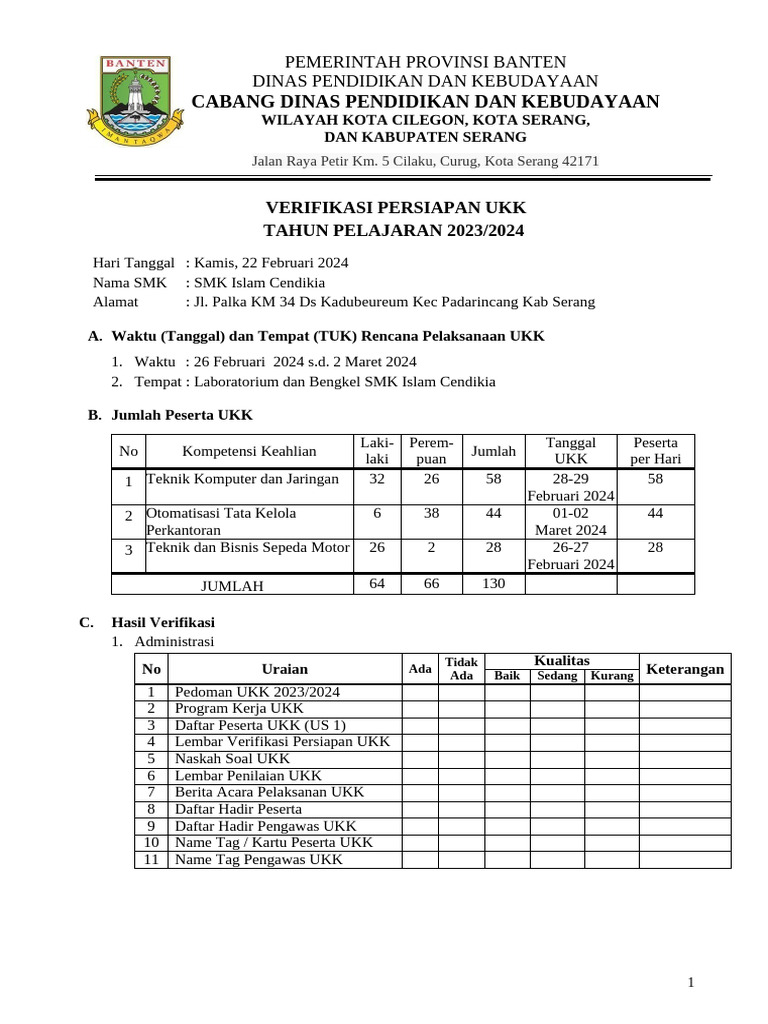 Lembar Verifikasi Persiapan Ukk | PDF