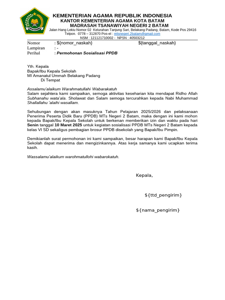 SURAT - PERMOHONAN - SOSIALISASI - PPDB - MI - AMANATUL - UMMAH - BLP (1) .Docx New | PDF