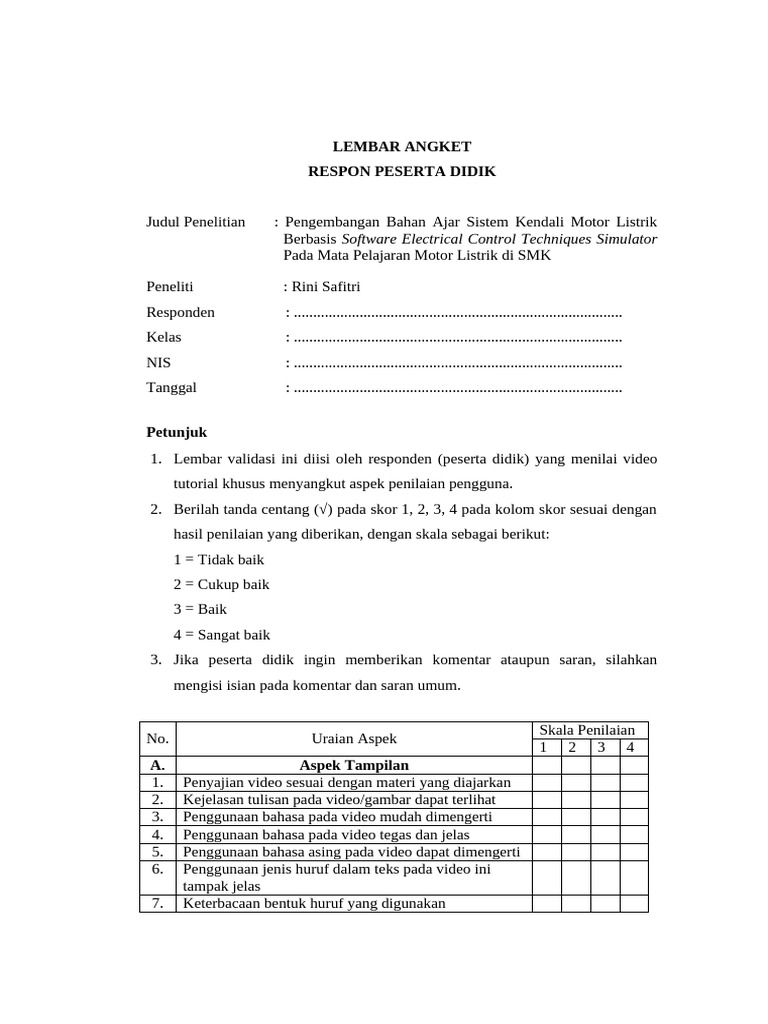 lembar angket respon peserta didik | PDF