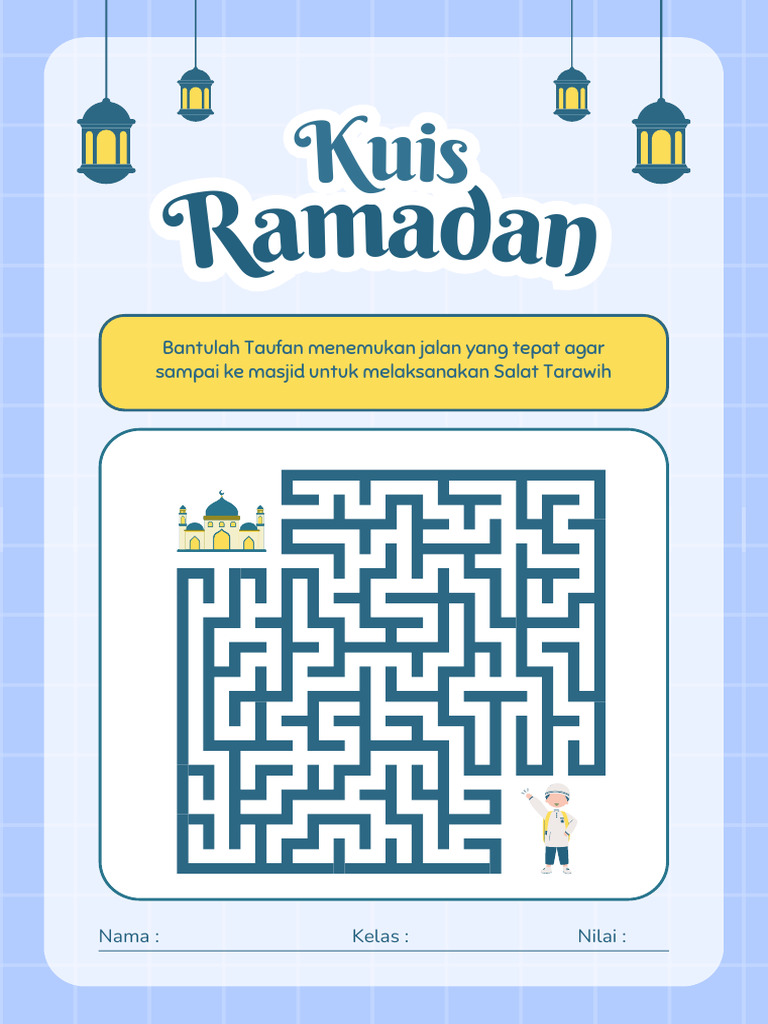 Permainan Labirin Ramadan Lembar Kerja Siswa Biru Dan Kuning Ilustrasi ...
