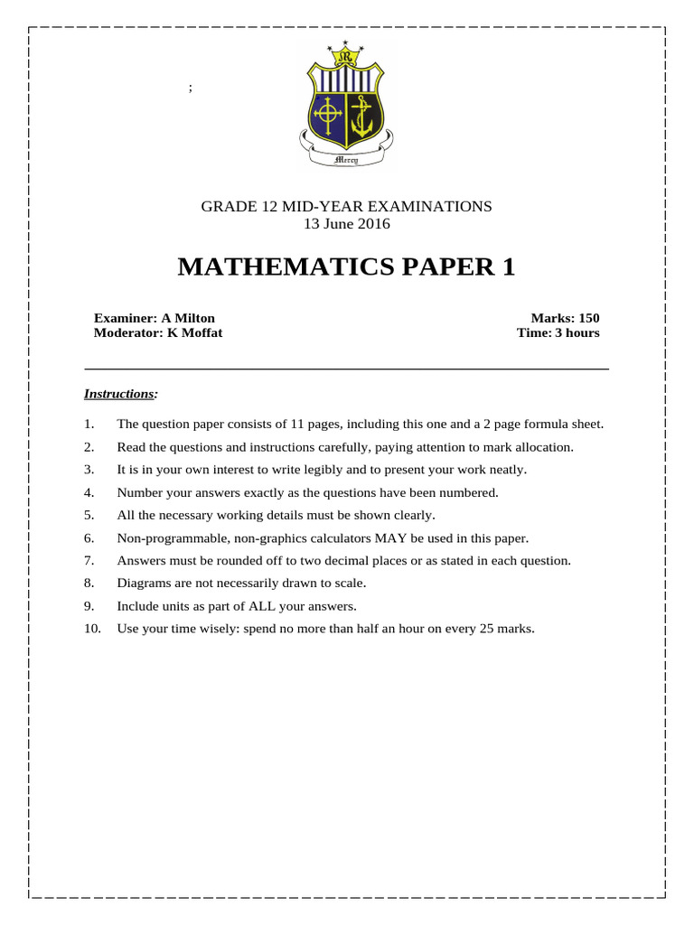 Grade 12 June Paper 1 2016 | PDF | Tangent | Function (Mathematics)
