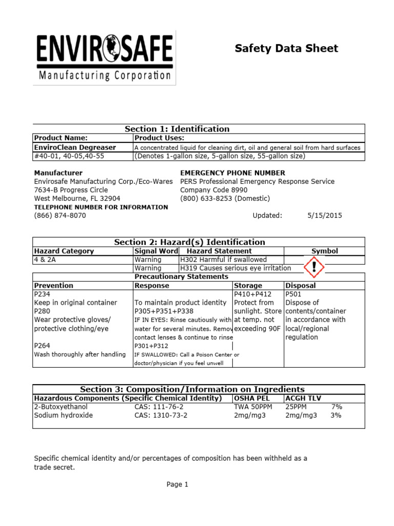 MSDS-Enviro Clean Degreaser | PDF | Dangerous Goods | Personal ...