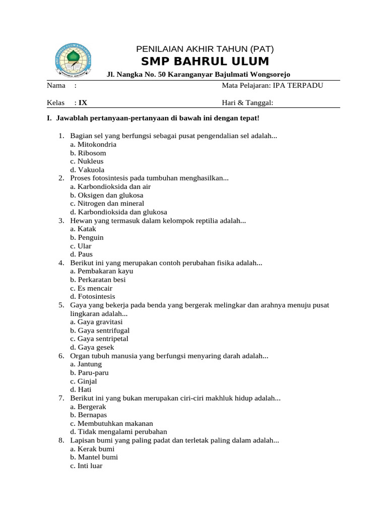 Soal Pat Ipa Kelas 9 | PDF