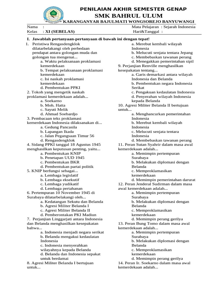 SOAL PTS GENAP SEJ.INDO KLS XII | PDF