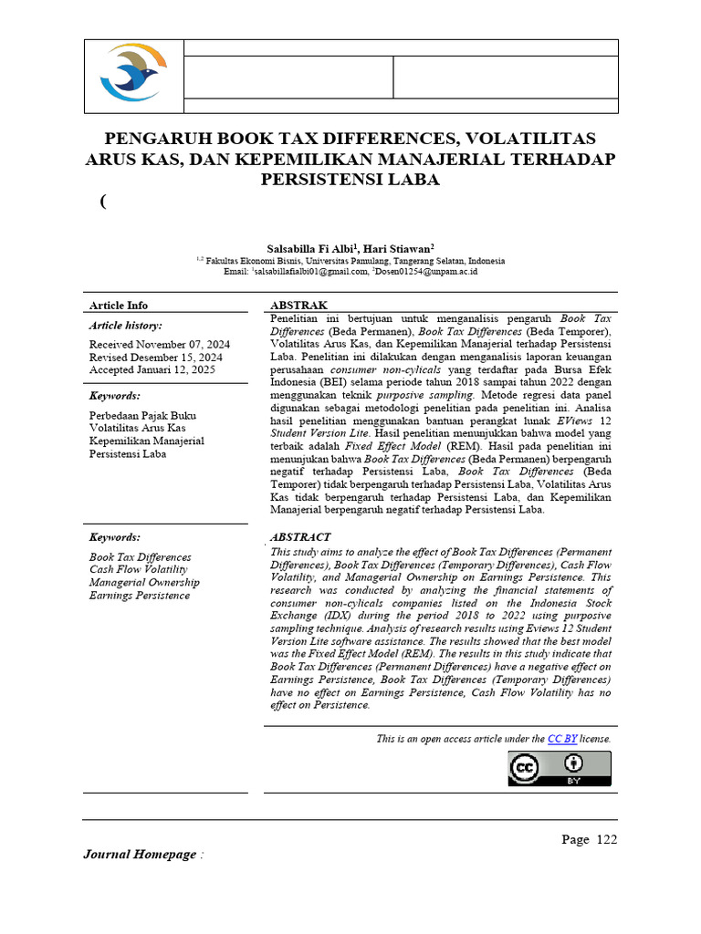 Pengaruh Book Tax Differences, Volatilitas Arus Kas, Dan Kepemilikan Manajerial Terhadap ...