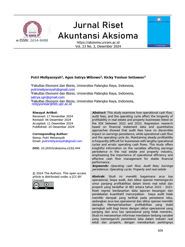 Jurnal Riset Akuntansi Aksioma: Dampak Siklus Operasi, Arus Kas Operasi, Dan Fee Audit Terhadap ...
