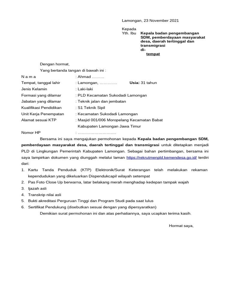 Permohonan PLD Teknik Sipil Lamongan | PDF