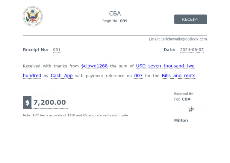 Receipt for Cash App Payment of $7200 | PDF