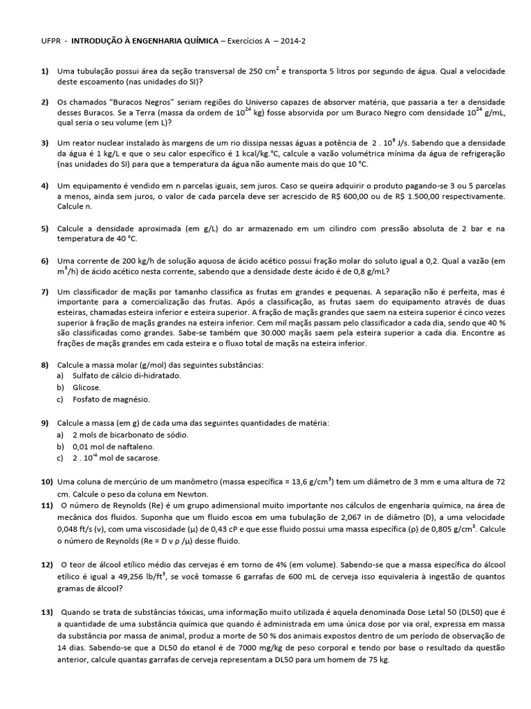 Exercicios A (2014-2) IEQ | PDF | Densidade | Etanol