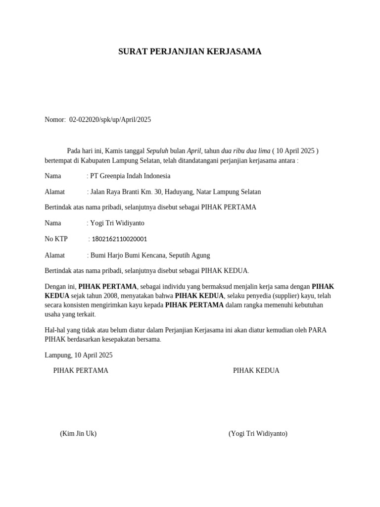 Surat Perjanjian Kerjasama Usaha Pengolahan Kayu | PDF