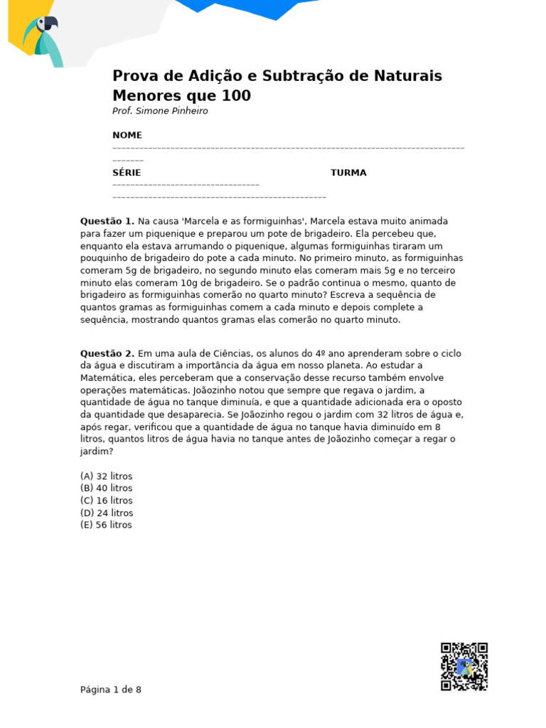 Prova de Adio e Subtrao de Naturais Menores Que 100 | PDF