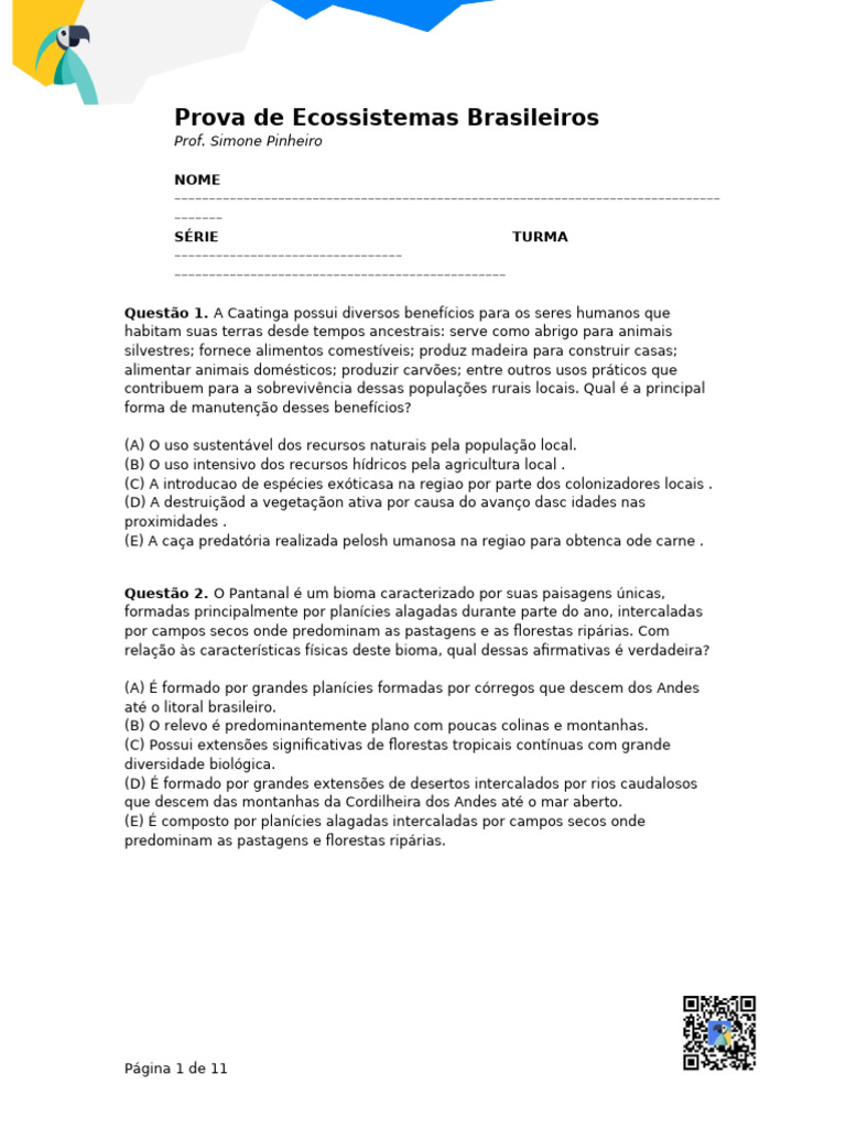 Prova de Ecossistemas Brasileiros | PDF | Florestas | Pasto