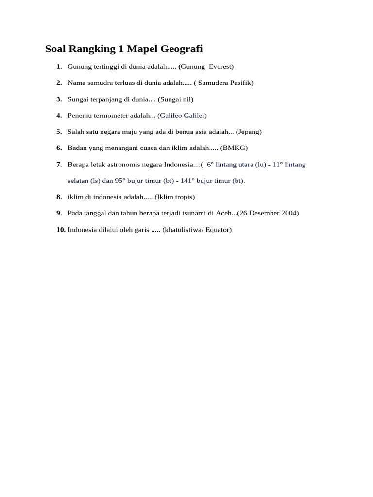 Soal Rangking 1 Mapel Geografi | PDF