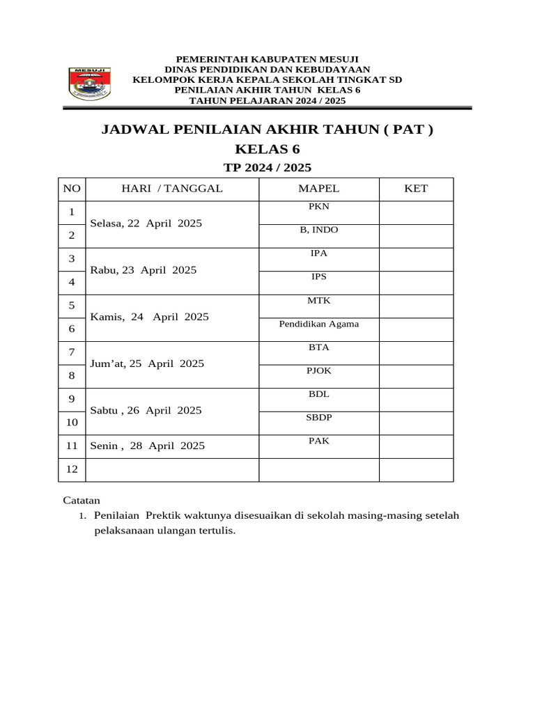 JADWAL PAT KELAS 6 TP 2024 2025 | PDF