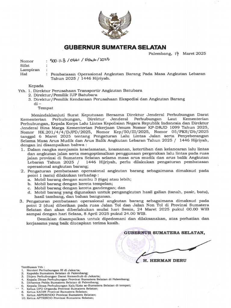 Surat Gubernur Sumsel Pembatasan Angkutan Barang Angleb 2025 | PDF
