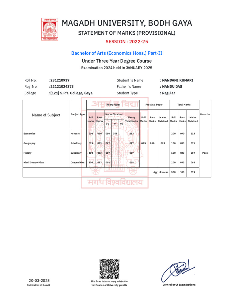 Marksheet _ Magadh University, Bodh Gaya (1) | PDF | Liberal Arts ...