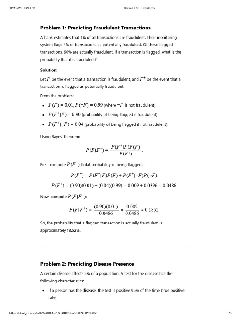 Solved Problems Bay's Prediction | PDF | Sensitivity And Specificity | Probability Theory