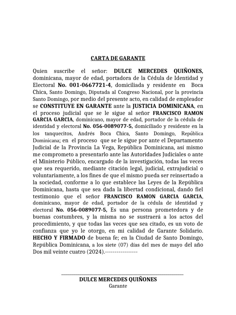 Carta de Garante para Francisco Ramón García | PDF
