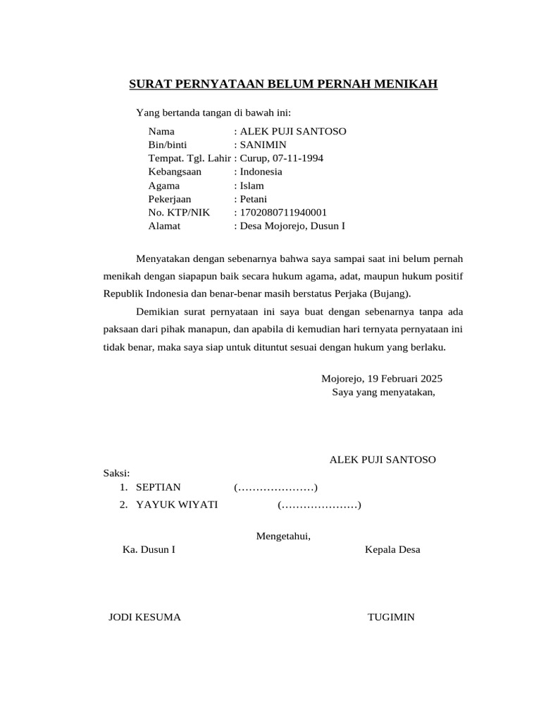 Surat Pernyataan Belum Pernah Menikah Alek | PDF