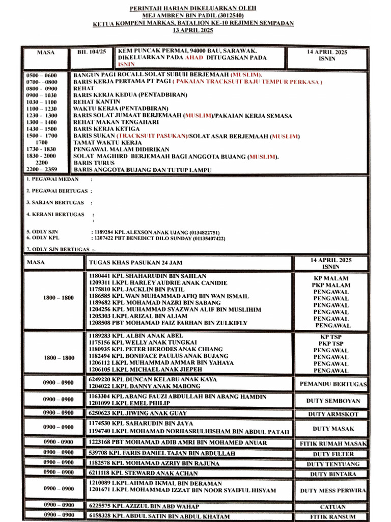 Jadual Penugasan Pada 14-04-2025 (ISNIN) | PDF