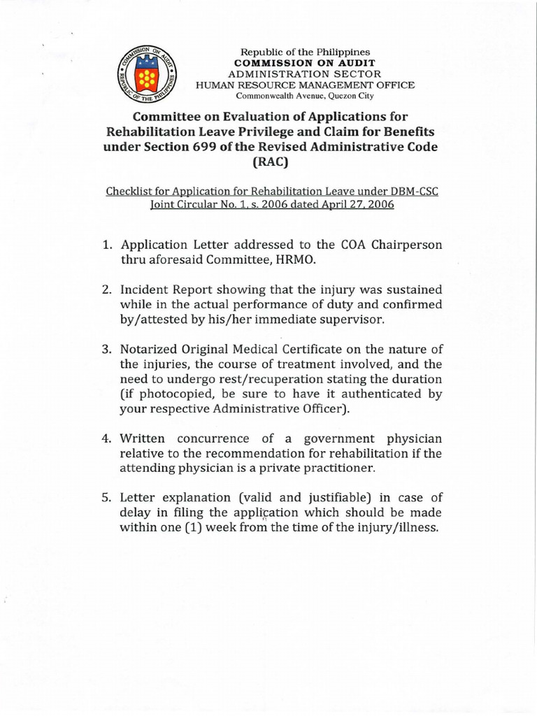 Rehabilitation Leave Application Checklist | PDF