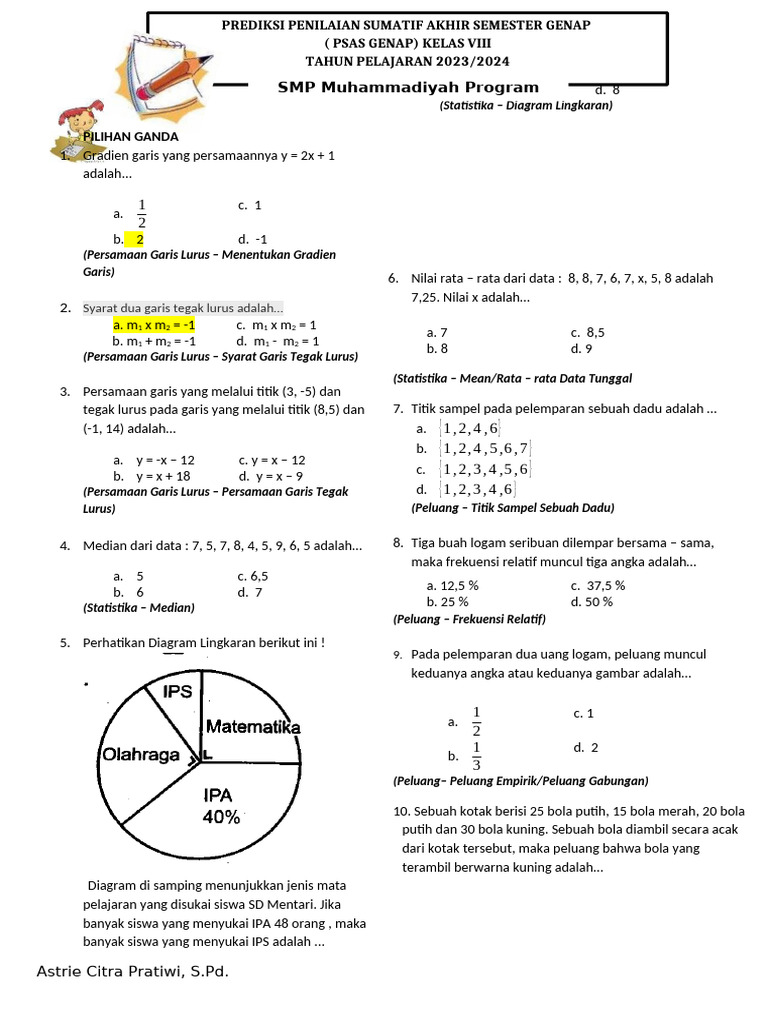 MTK - SUMATIF AKHIR SEMESTER GENAP 8 23-24 Dan Jawaban | PDF