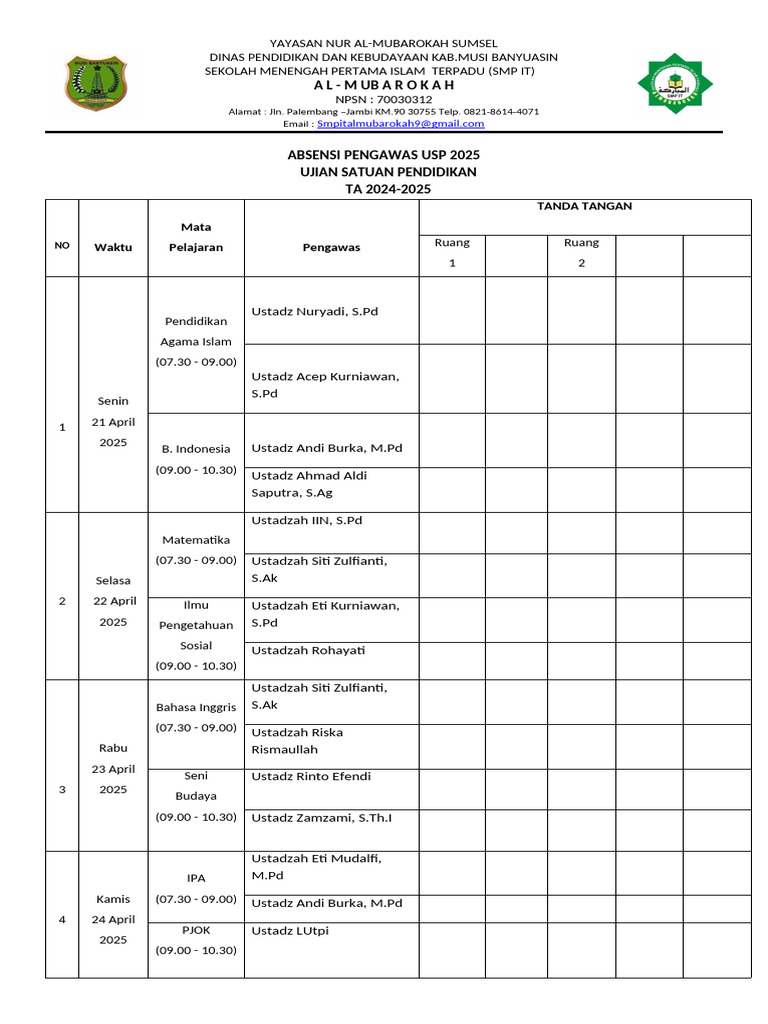 Jadwal Dan Daftar Hadir Pengawas Ujian | PDF