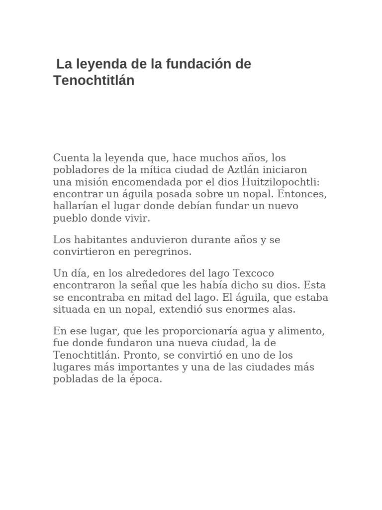 La Leyenda de La Fundación de Tenochtitlán | PDF