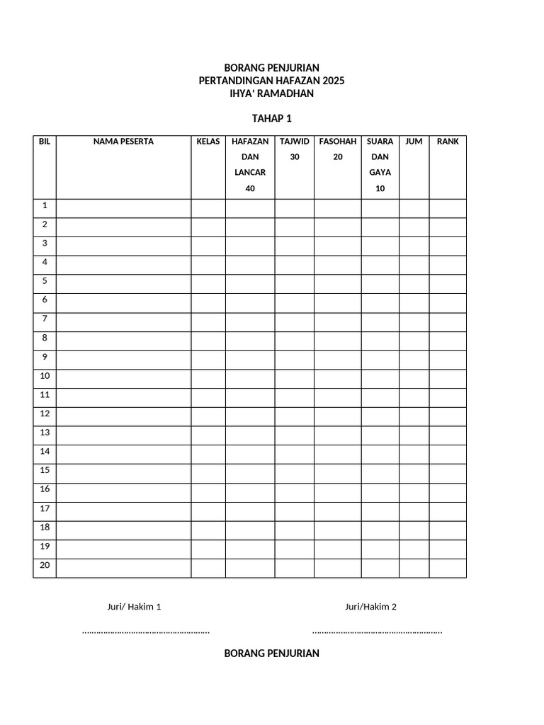 Borang Penjurian Hafazan | PDF