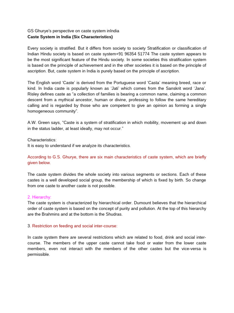 GS Ghurye's Perspective On Caste System Inindia-1 | PDF | Caste ...