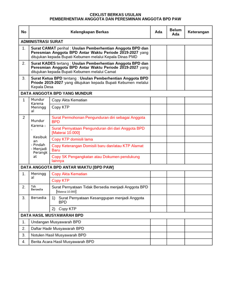 Berkas Usulan Paw BPD | PDF