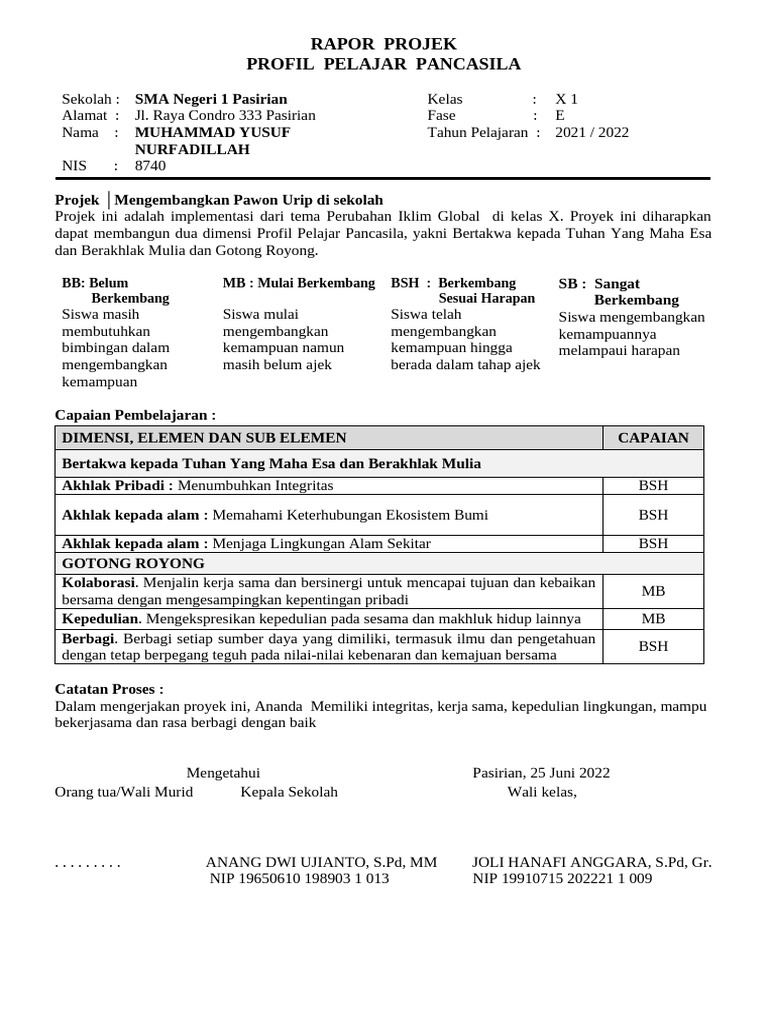 Contoh Rapor Projek | PDF