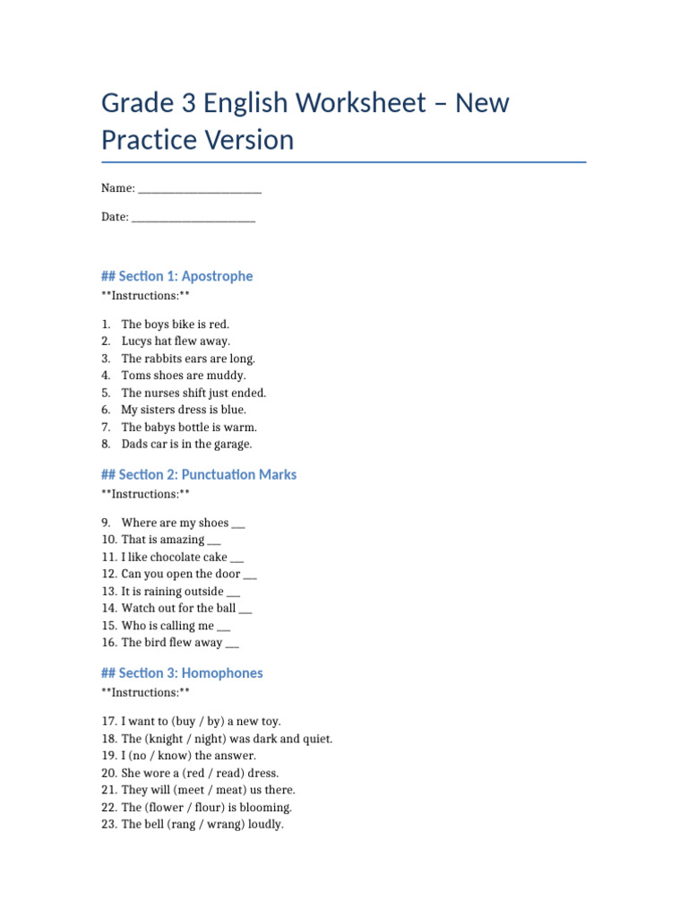 Grade_3_English_Worksheet_New | PDF | Linguistics | Grammar