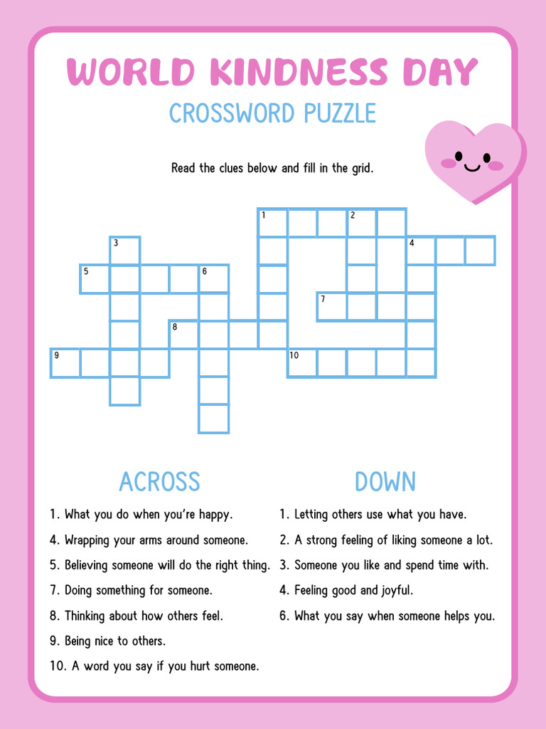 World Kindness Day Crossword Puzzle Worksheet in Pink Blue Pastel Style ...